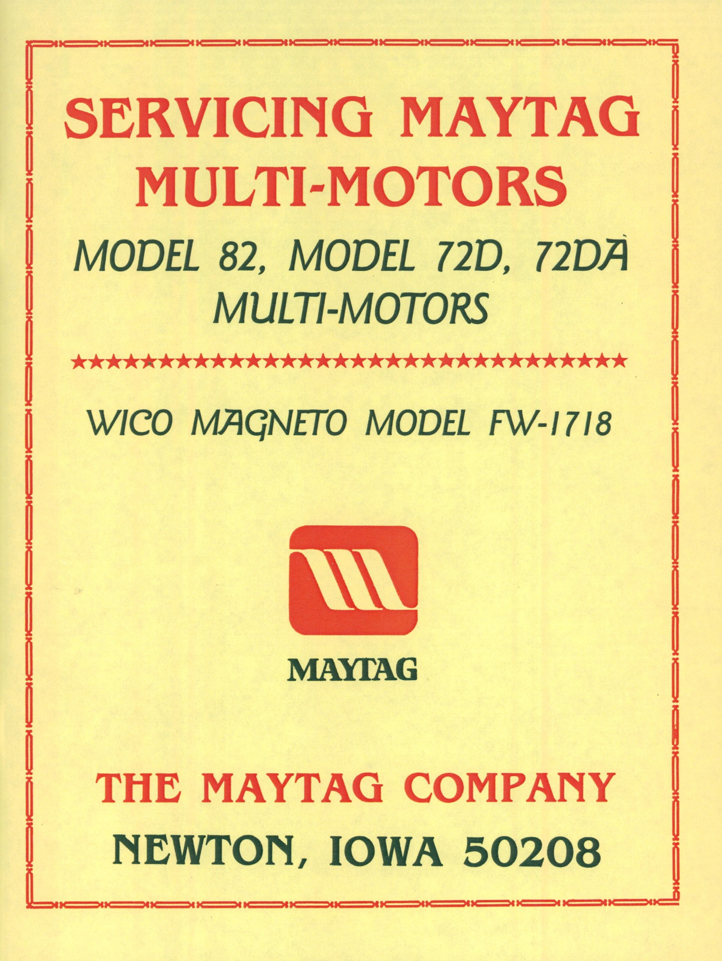 Maytag Service Manual for Model 82, 72D & 72DA Multi-Motors w/ Wic ...