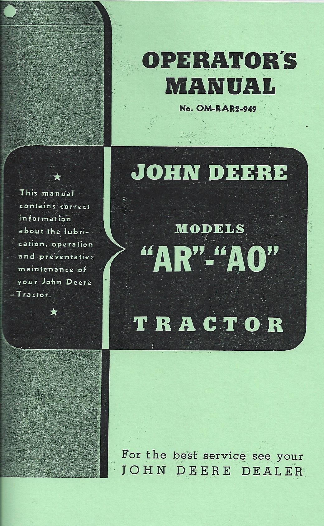 Operators Manual for John Deere Model AR & AO Tractor – Binder Books