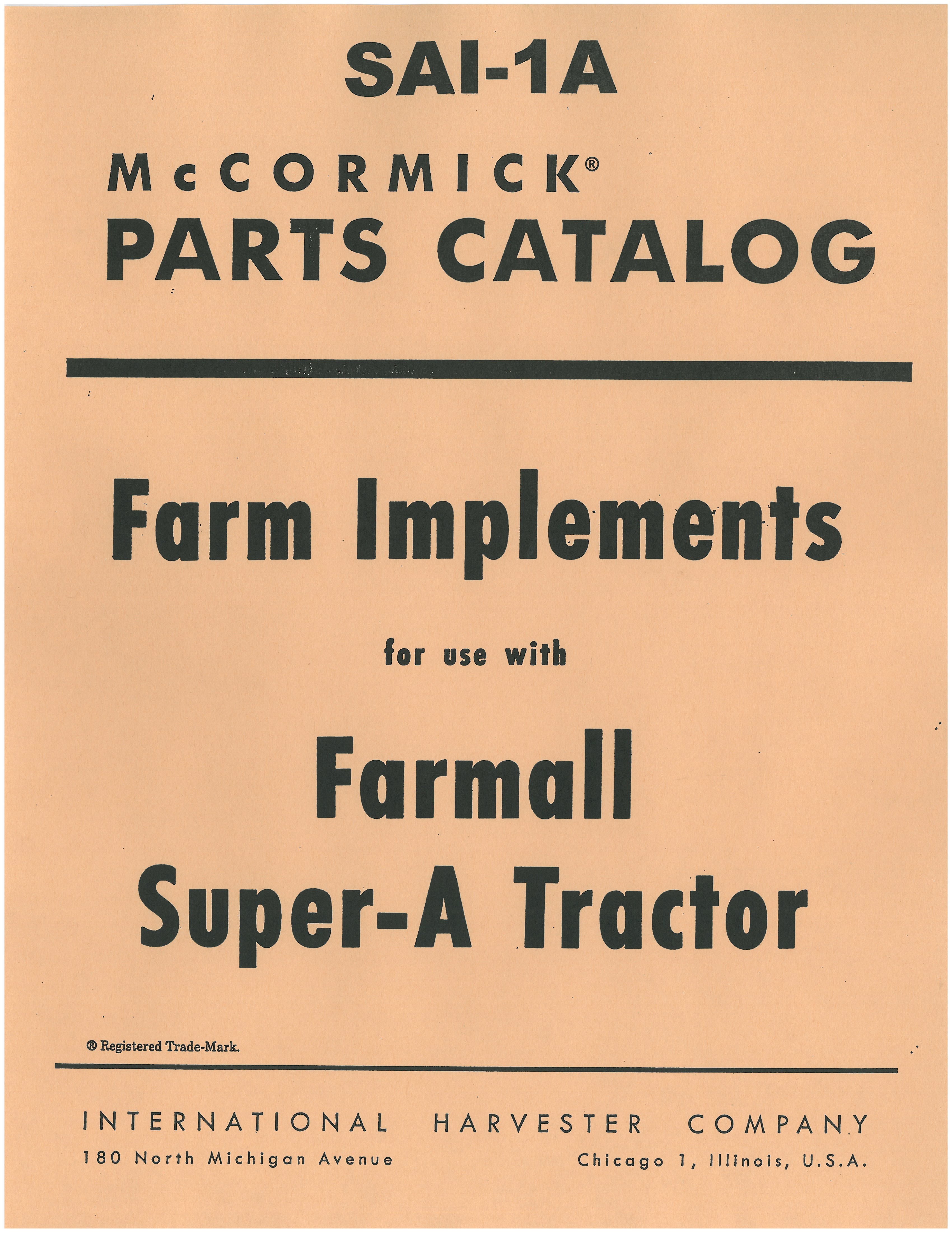 Parts Catalog for Implements for use with McCormick Farmall Super A Tr ...
